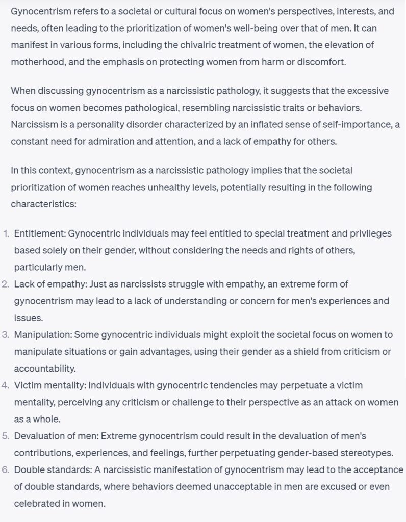 Chat GPT Outlines The Relation Between Gynocentrism & Narcissism ...